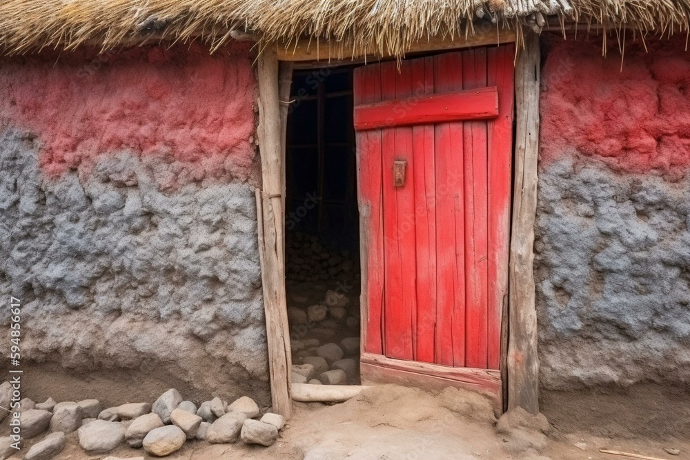 Mud Hut With Red Walls And Grey Door Made Of Wooden Bars Generative Ai Stock Illustration
