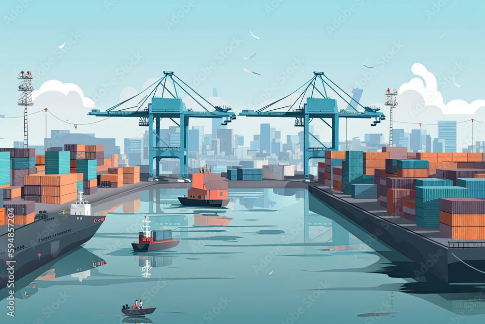 Air Transportation and transit of Container ships loading and unloading ...