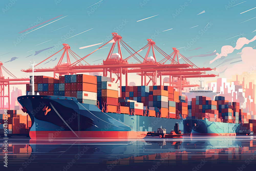 Air Transportation and transit of Container ships loading and unloading ...