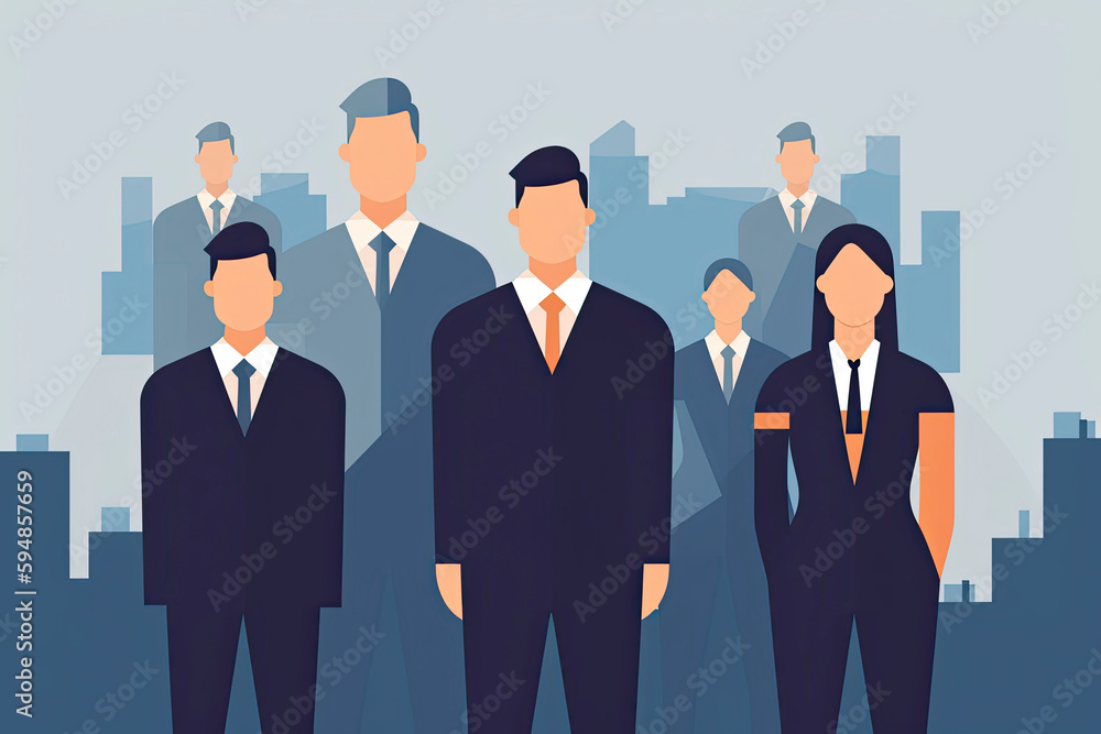 Business team members are standing with confident faces. Business icons ...