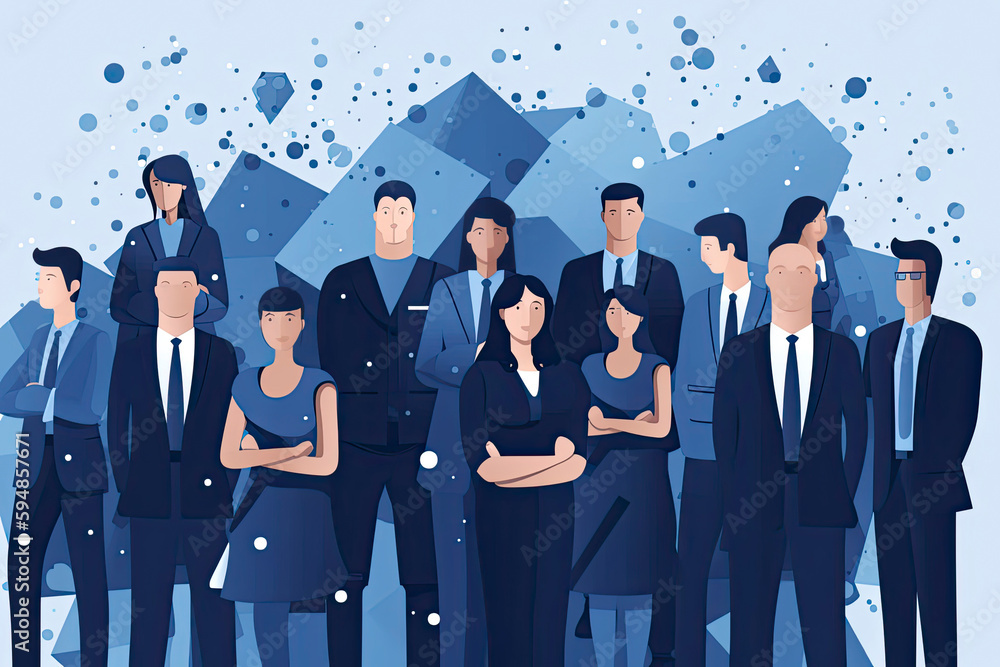 Business team members are standing with confident faces. Business icons ...