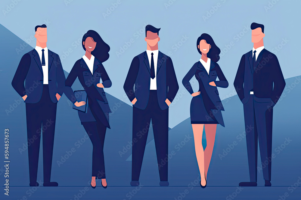 Business team members are standing with confident faces. Business icons ...