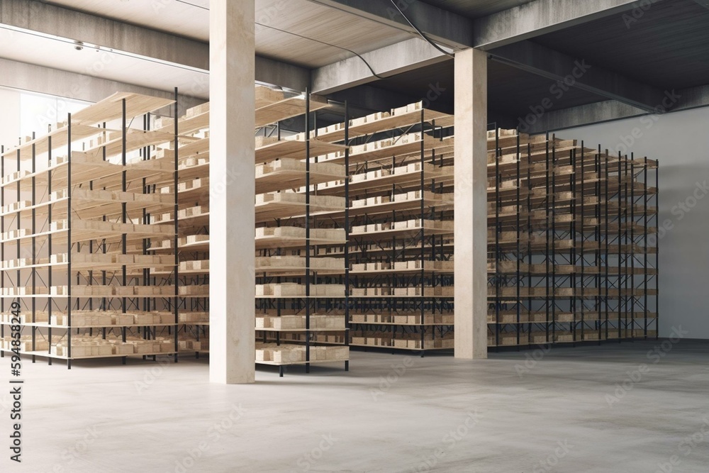 Storage interior. Multi-tiered metal shelving. Empty wooden pallets on ...