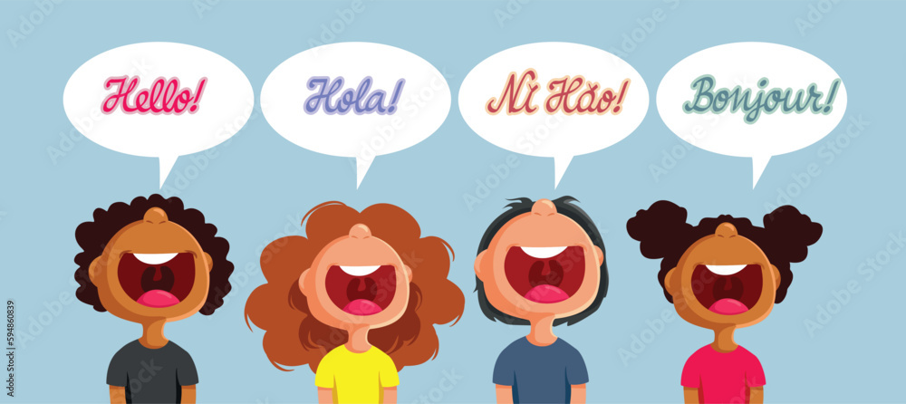 Children Saluting Saying Hello in Many Languages Vector Cartoon ...
