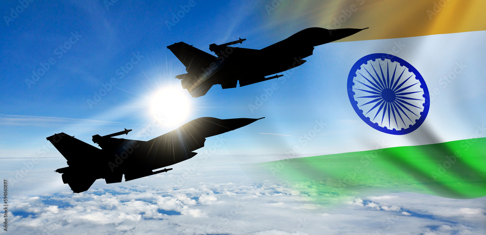 Group of aircraft fighter jet airplane. India flag. Air force day. 3d ...