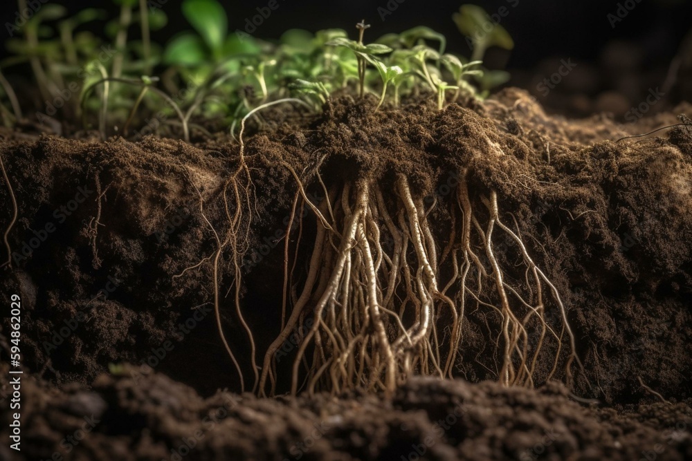 Roots of plant growing underground close up, layers of soil cros ...