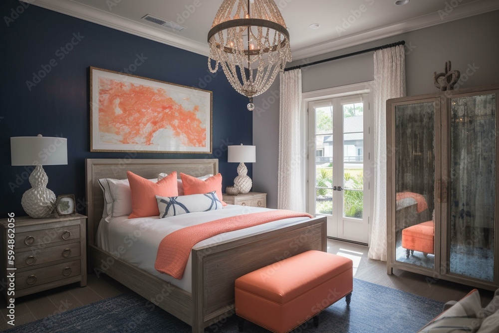 A transitional Nautical Bedroom showcasing a navy blue upholstered ...