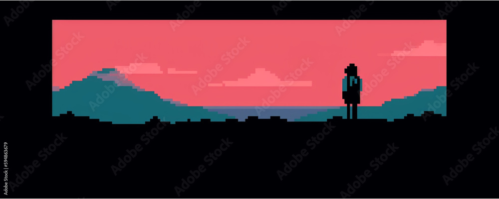 Person at dusk with a setting sun, pixel art, AI-generated Stock ...