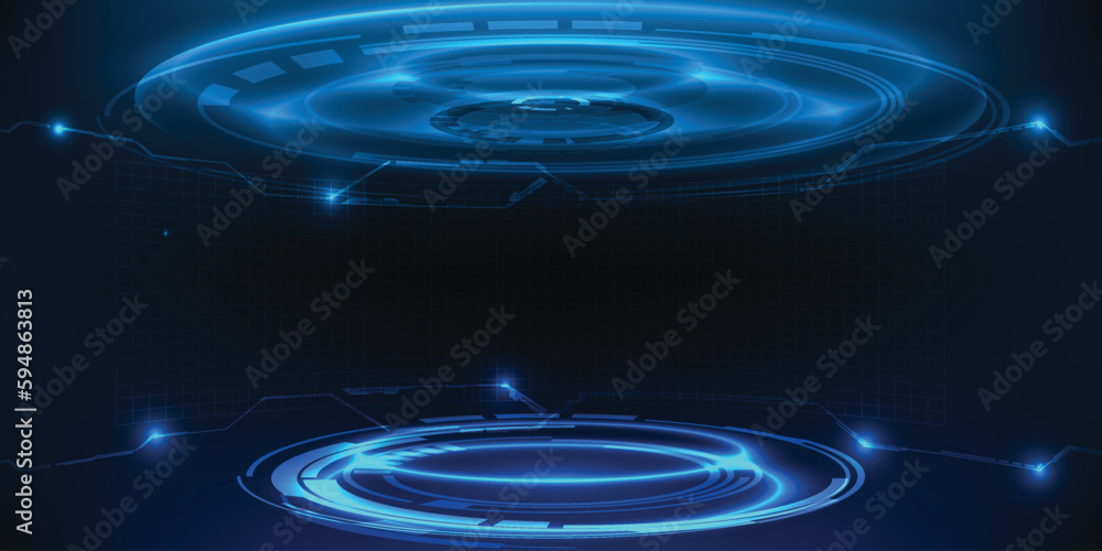 Vector illustrations of futuristic glowing neon blue stage hi-tech ...