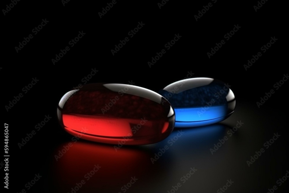 3D illustration of Blue pill on the left and Red pill on the right in ...