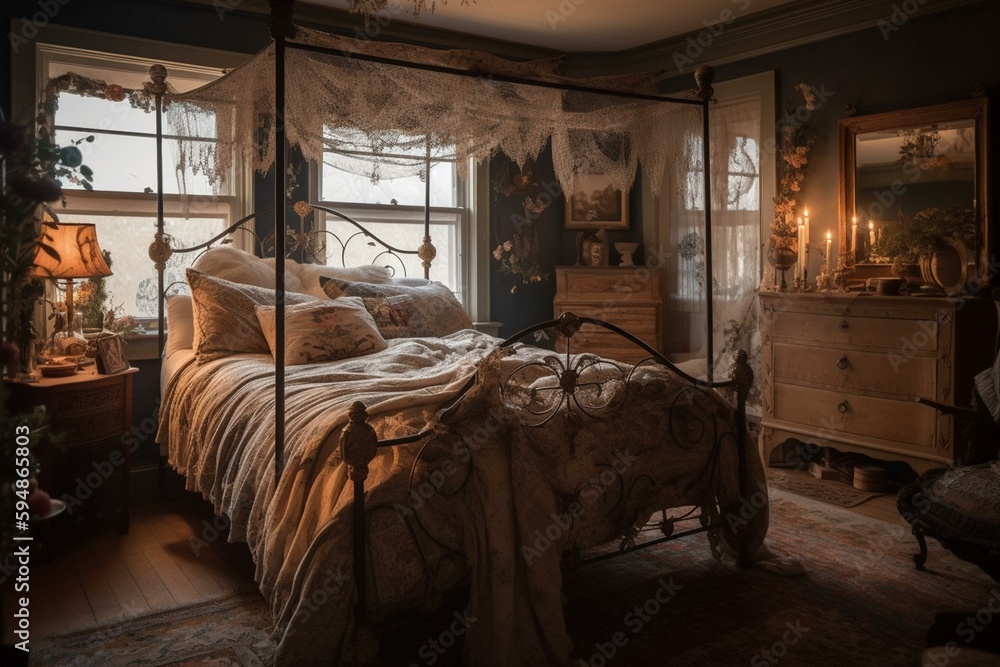 A romantic Cottagecore bedroom with a beautiful wrought-iron bed frame ...