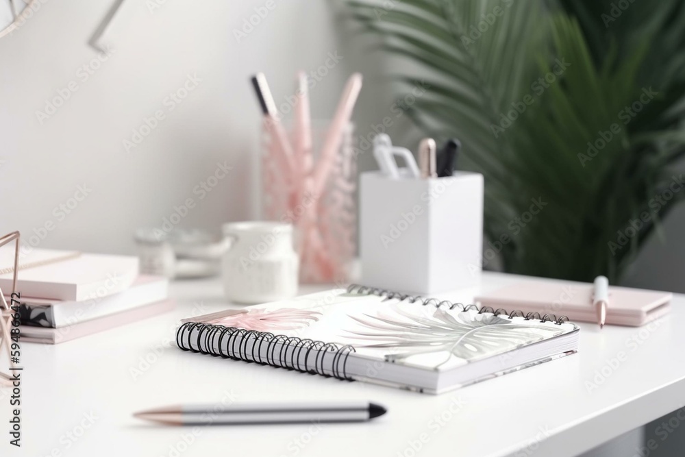 Beautiful feminine female office desk with empty notebook cover mockup ...
