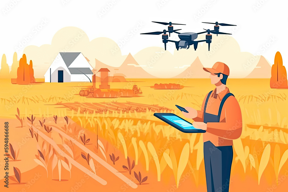 Farmer managing his industrial farm with a mobile app on his tablet ...