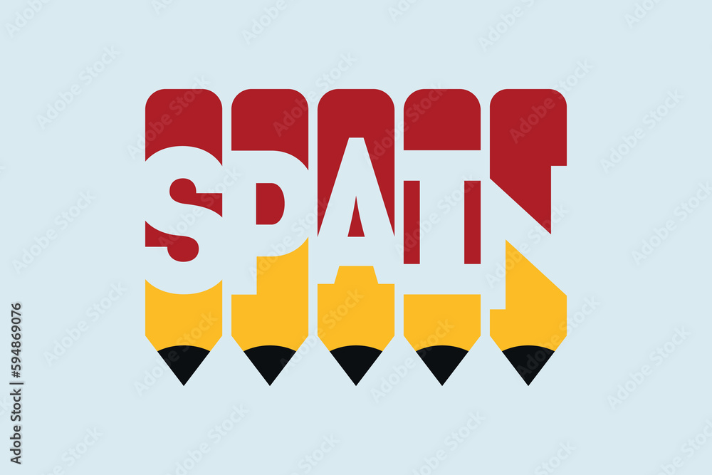 Spain text with Pencil symbol creative ideas design. Spain flag color ...