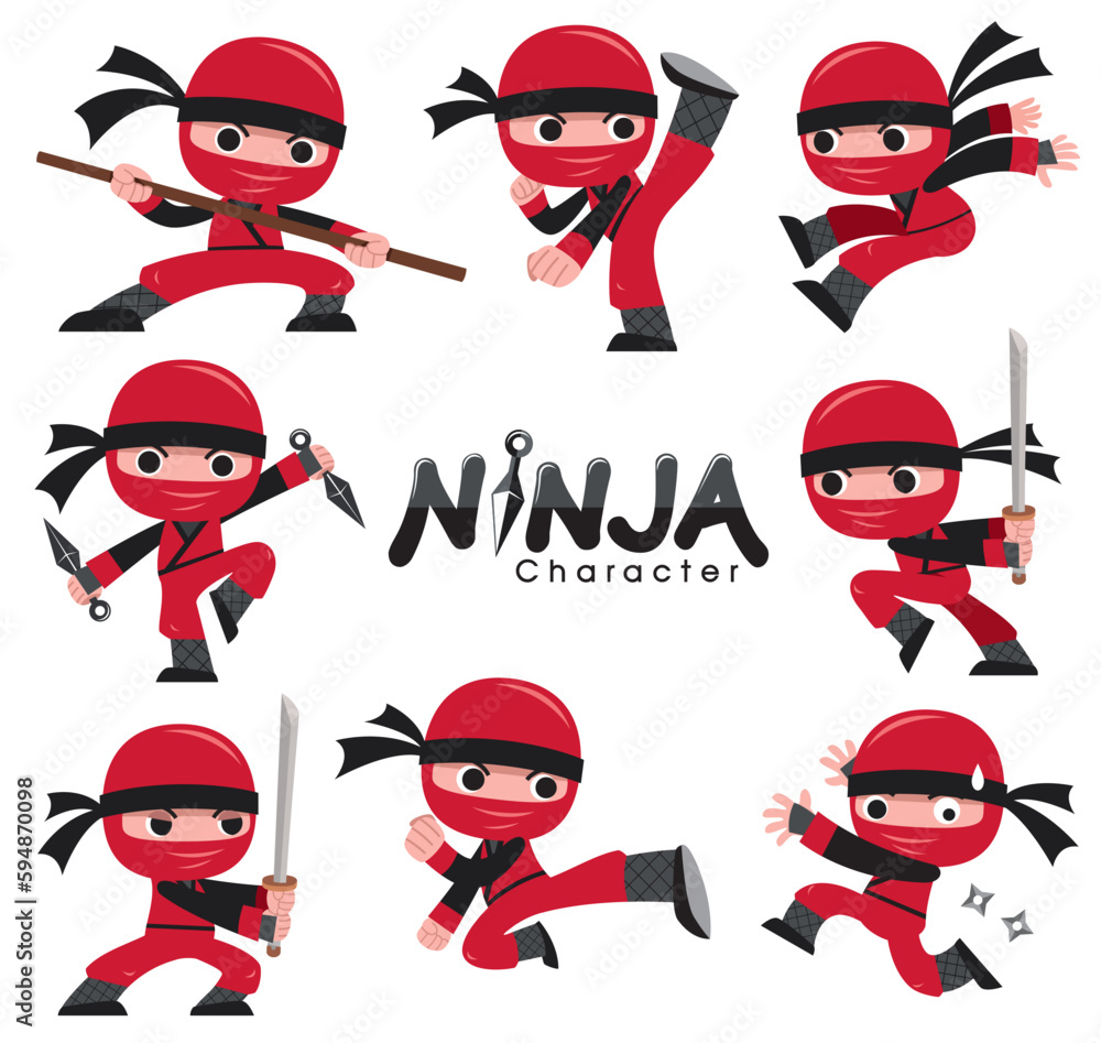 Vector illustration of Cartoon Ninja character set. fighting poses ...