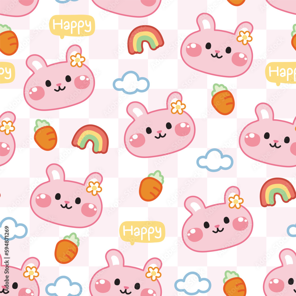 Seamless pattern of cute face pink rabbit cartoon background.Happy word ...