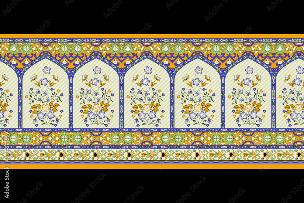 Seamless border with Indian ethnic ornament elements. Folk flowers and ...