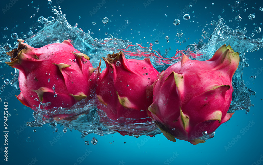 Fresh Dragon fruit with water splash on blue background. Dragon fruit ...