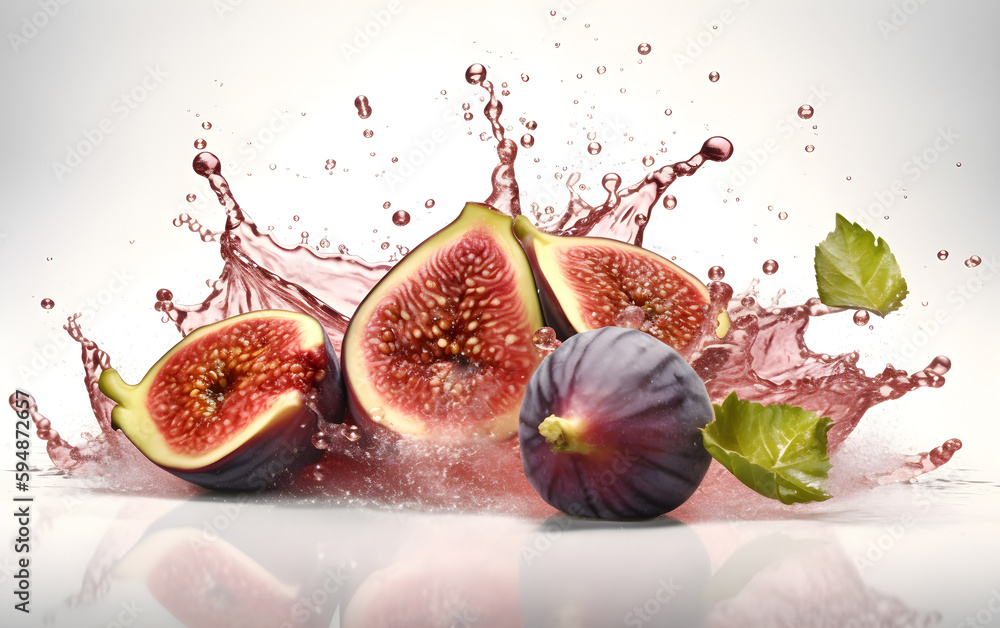 Half of the Fig fruit with water splash isolated on white background ...