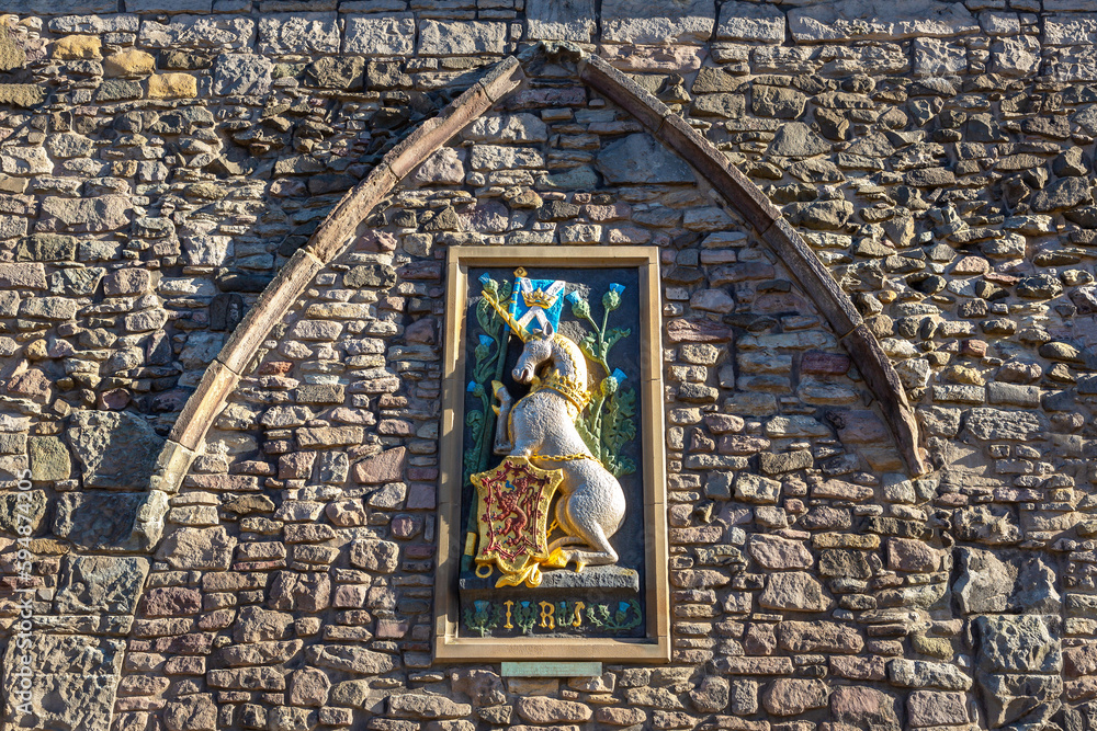 Heraldic on a wall at the Palace of Holyroodhouse, Edinburgh, UK Stock ...