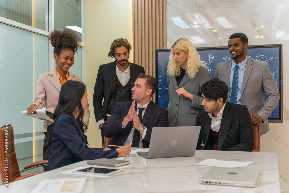 Group of businessmen and businesswomen getting together to discuss work ...