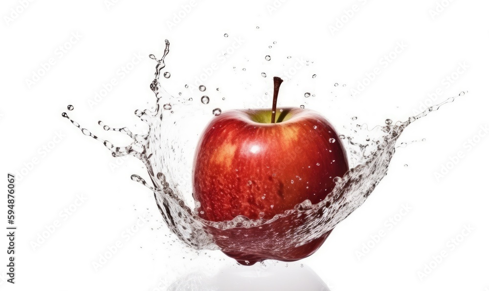 Water droplets cling to the surface of the apple as it falls into a ...