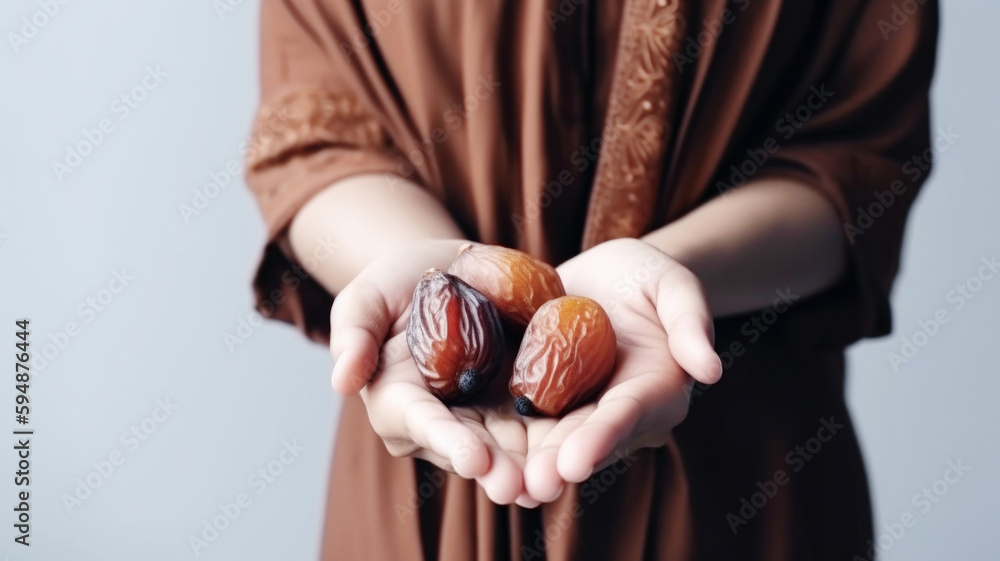 Muslim girl holding bowl of dates. Traditional distribution of food ...