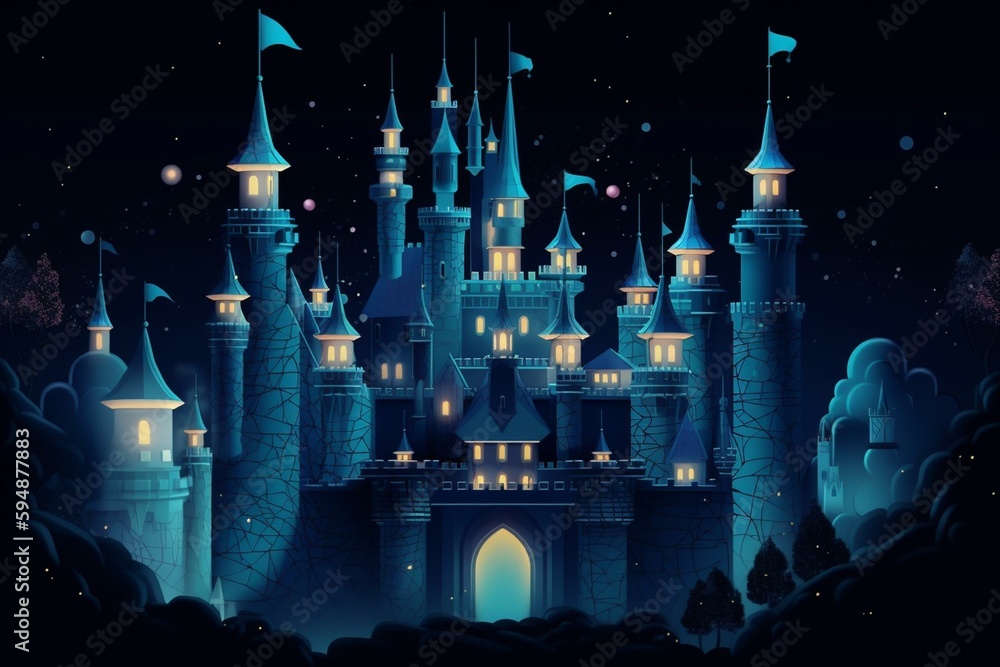 cartoon castle at night. Generative Ai Stock Illustration | Adobe Stock