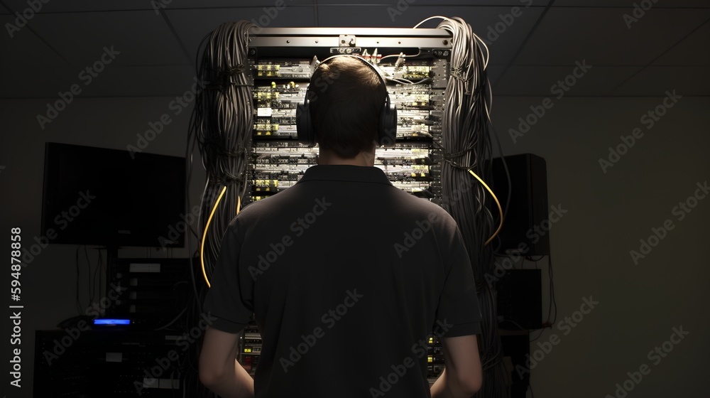 IT professional providing tech support, seen from the back, working in ...
