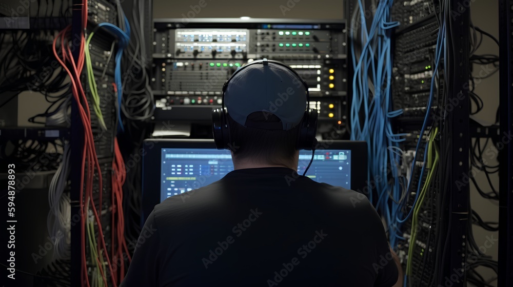 IT professional providing tech support, seen from the back, working in ...