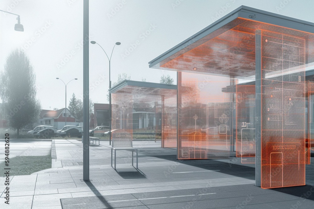 several bus stops and waiting room at bus station, created with ...