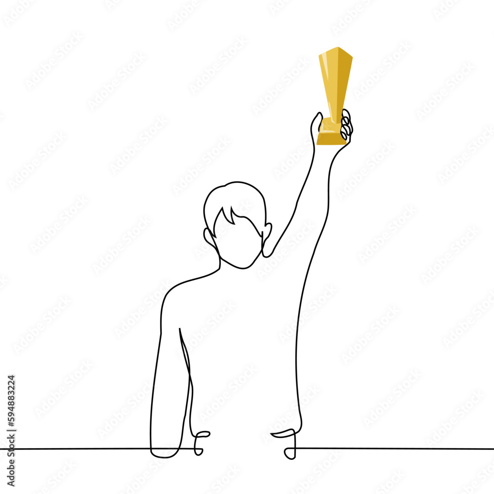 man stands holding up a victory trophy, golden figurine - one line ...