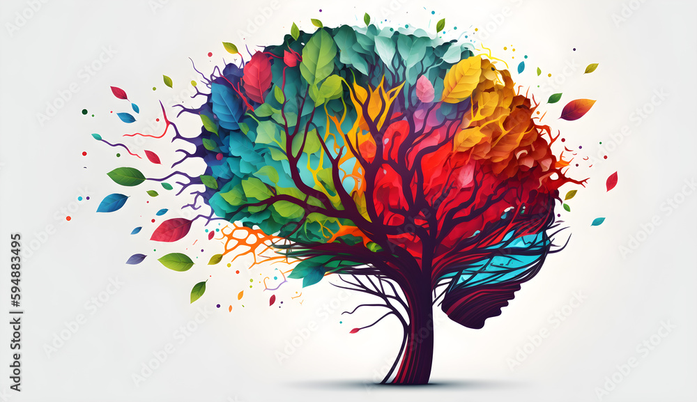 Colorful human brain tree mental health concept illustration black ...