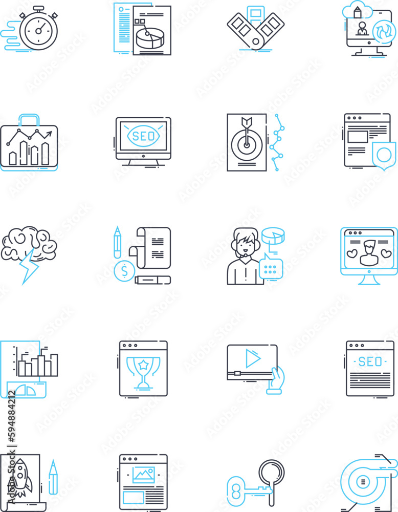 Vetor de Digital strategy linear icons set. Optimization, Analytics ...
