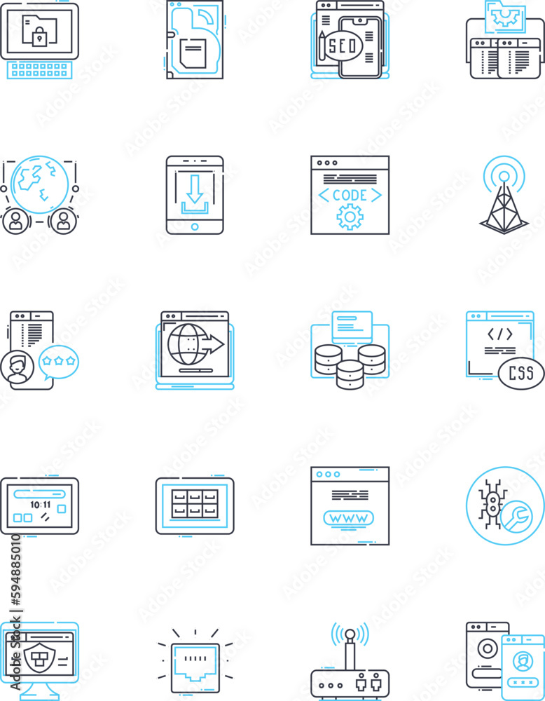Virtual security linear icons set. Encryption, Firewall, Antivirus, Authentication, Privacy ...