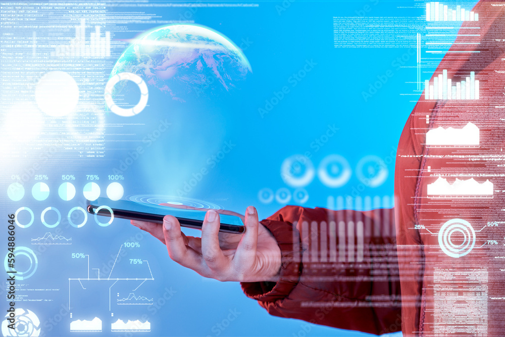 Hand, mobile app or person with global network overlay for 3d ...