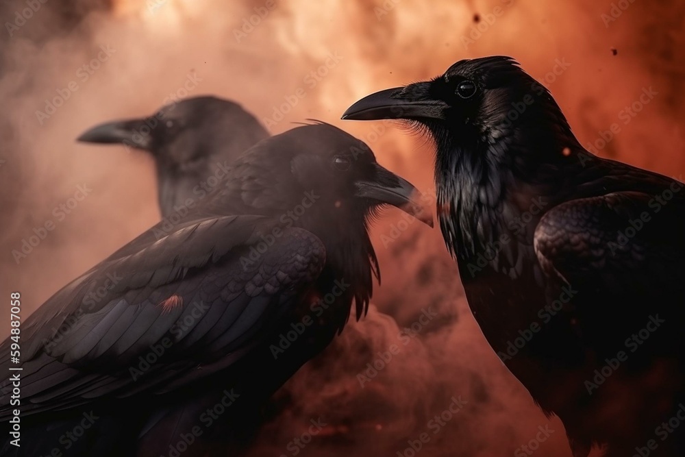 Black ravens flying. Black crows. Evil birds. Glowing wings. Misty and smokey red smoke, fire ...