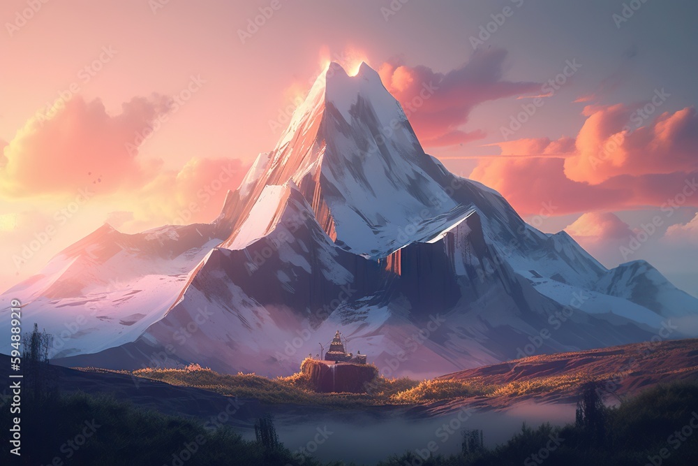 A Mountain With A House In The Middle Of It And A Sky Background ...