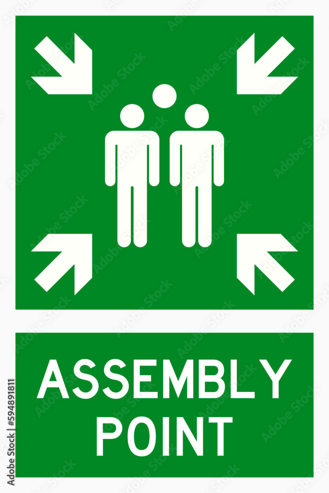 isolated emergency exit assembly point, fire safety symbols on green ...