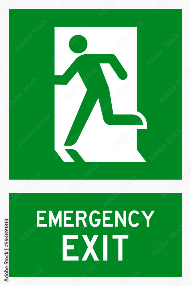isolated emergency exit, fire safety symbols on green rectangle board ...