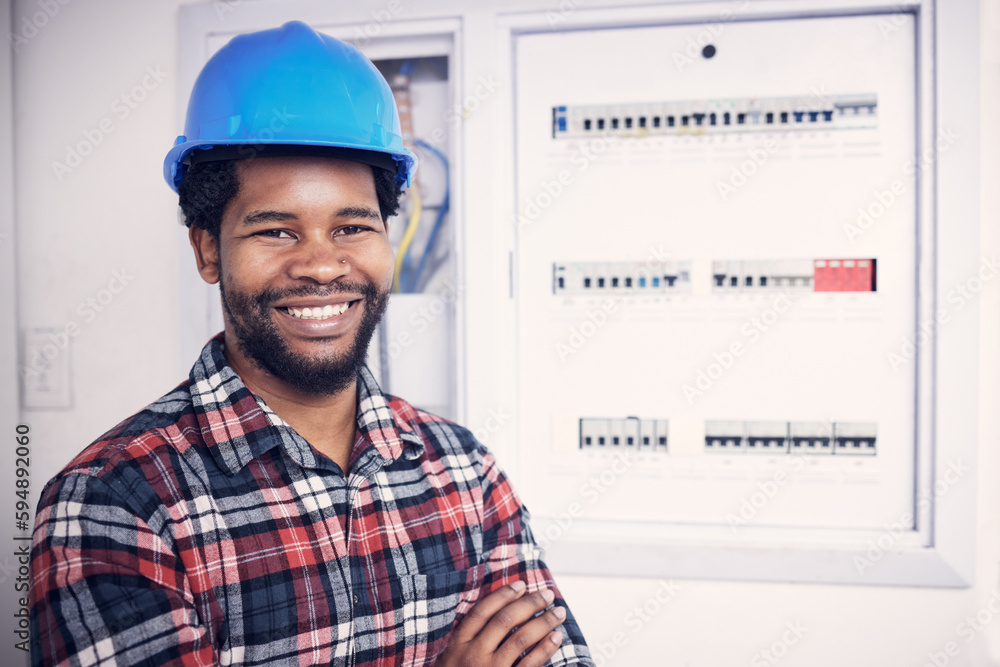 Black man in portrait, technician and electricity fuse box, check power ...