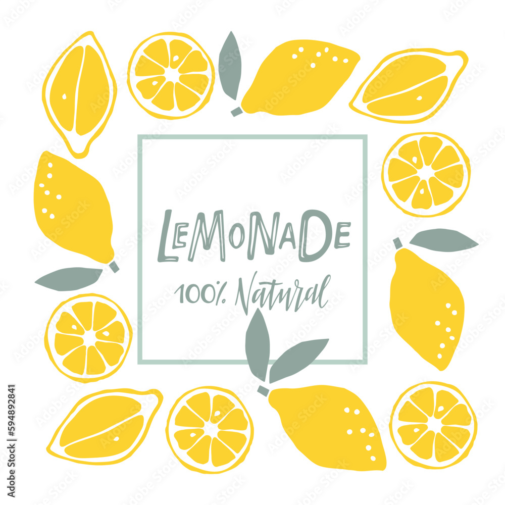 Lemon frame for Lemonade label. Color Lemon fruit with lettering, hand drawn sketch isolated ...