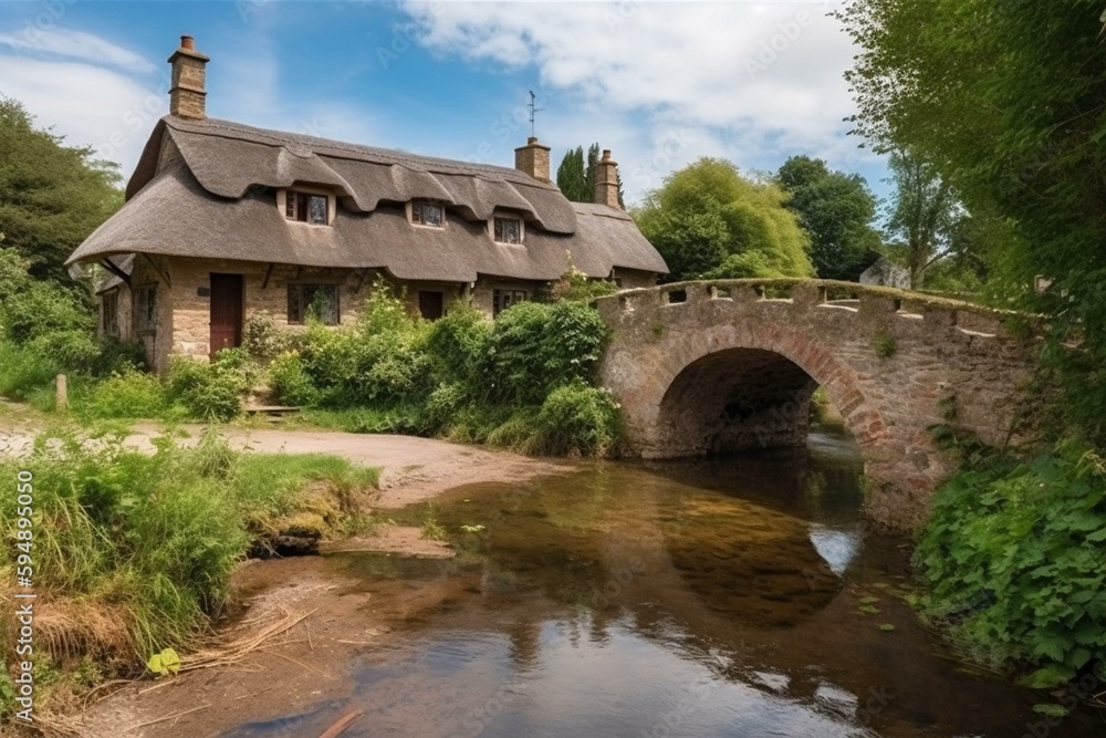 traditional English village with arched bridge, stream and half ...