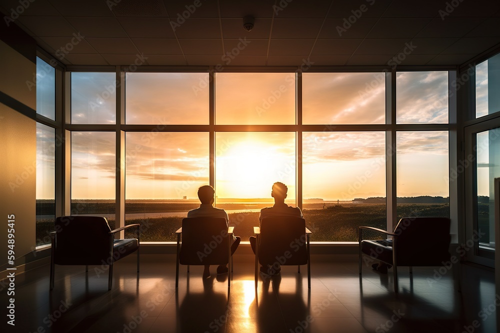 Two People Sitting In Chairs In Front Of A Window At Sunset Conference ...