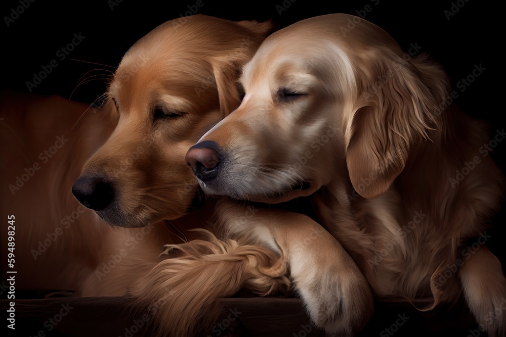 two dogs lying side by side, nuzzling their heads together, created ...