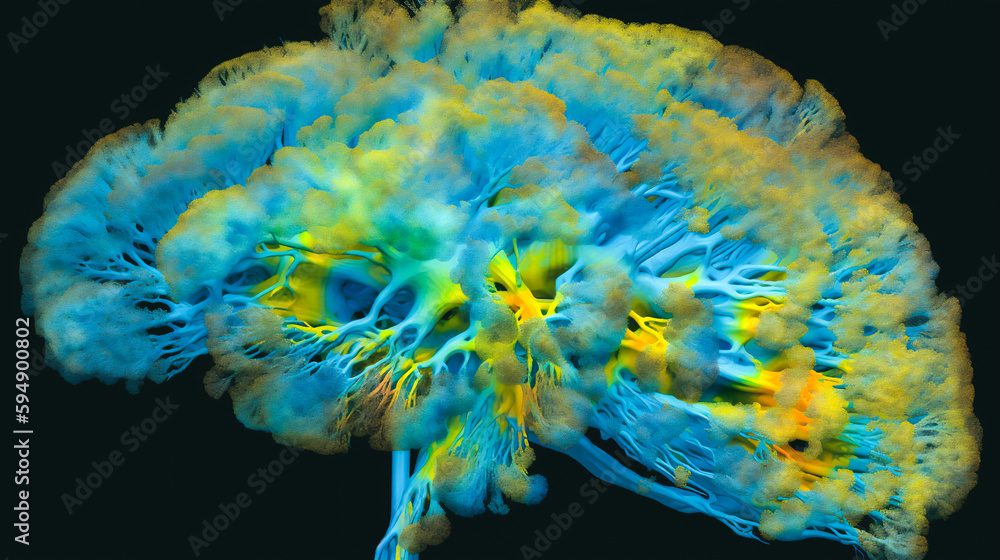 brain scan image, with the brain highlighted in shades of blue and ...