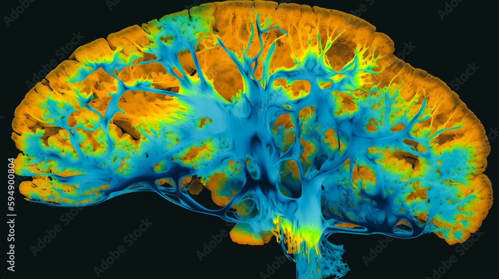 brain scan image, with the brain highlighted in shades of blue and ...