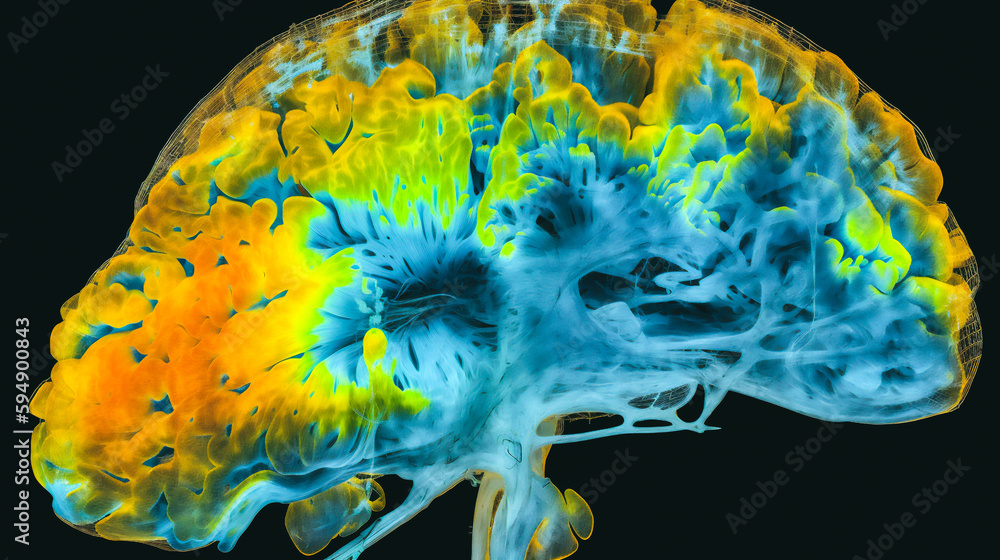 brain scan image, with the brain highlighted in shades of blue and ...