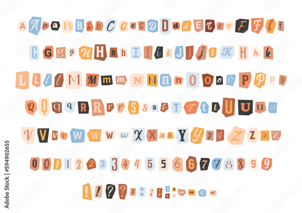 Cut out letters and numbers. Multicolored latin alphabet collection ...