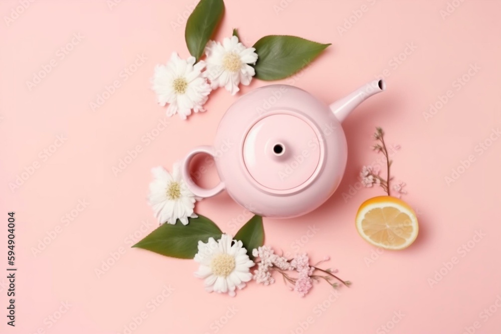 Creative layout with tea pot pouring fresh flowers and leaves into tea ...